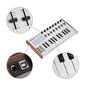 HX Worlde 25 Key USB Portable Tuna Mini MIDI Keyboard MIDI Controller with 8 Knobs, 8 Drum Pads, 8 Faders, Wood Imitation Rim, Pedal Interface, for Mac and PC