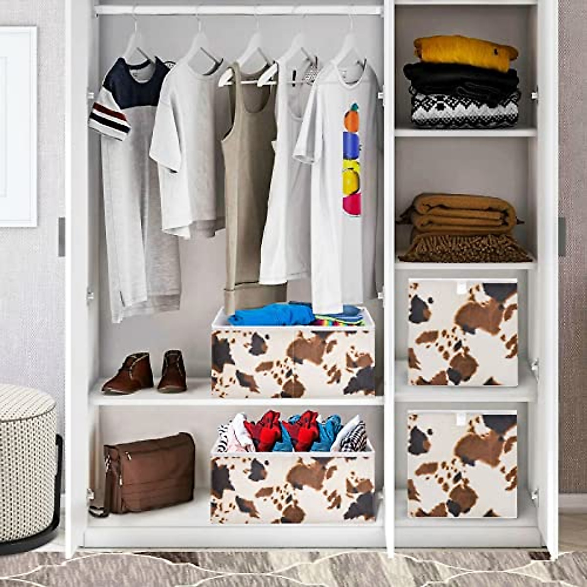 Cube Storage Bins 11 x 11 Cow Printed Storage Cubes for Shelf Closet Collapsible Cubby Organizer Basket Black Brown