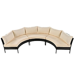 EOVTK 3-Piece Outdoor Furniture Patio Half-Moon Rattan Conversation Set, All Weather Curved Sectional Sofa with Thick Soft Cushions, Beige