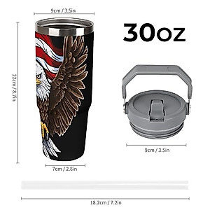 30oz Stainless Steel Insulated Tumbler with Flip Lid & Straw, Leakproof Travel Mug for Car, USA Flag Patriotic Eagle Double Wall Vacuum Thermal Coffee Cup with Handle, Spill-Proof Design for Hot/Cold