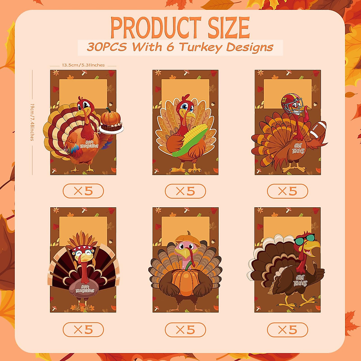 DADAPALS 30PCS Thanksgiving Table Decor Cutlery Holder Set - 6 Turkey Decorations Utensil Holder for Autumn Family Harvest Party Table Supplies