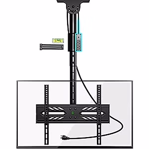 Greenstell Ceiling TV Mount with Power Outlet, TV Mount for 26-65 inch TVs, TV Ceiling Mount with 900J Surge Protection, Swivel, Tilt and 6 Height Adjustable, Max VESA 400x400mm, Holds up to 110Lbs