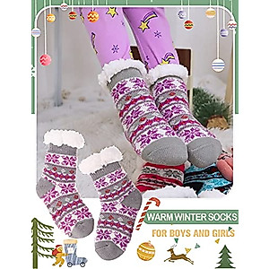 Girls Boys Kids Fuzzy Slipper Socks Fluffy Cozy Cabin Warm Winter Plush Sherpa Comfy Fleece Lined Home Soft Sleep Thick Grips Gripper Non Slip Christmas Socks Gift Stocking Stuffers for Child (Snowflake Grey, 5-9 Y)
