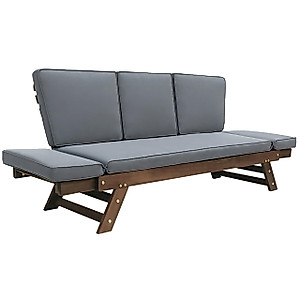 LUMISOL Outdoor Daybed, Convertible Chaise Lounge with Cushions, Adjustable Patio Wooden Furniture Sofa for Patio Balcony Porch Courtyard Poolside, Brown Finish+Gray Cushion