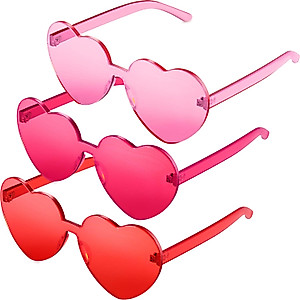 Maxdot 3 Pieces Heart Shaped Sunglasses Candy Color Rimless Heart Glasses for Women Colorful Summer Party Favors(Pink, Rose Red, Red)