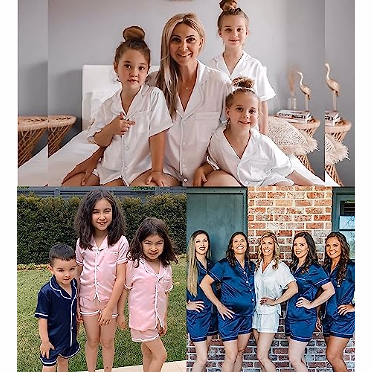 SWOMOG Mommy and Me Pajamas Womens Pajama Sets Satin Silk Pjs 2 Piece Short Sleeves Lace Lounge Shorts Button Up Pj Sleepwear White