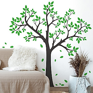Buiory Giant Tree Wall Decal Removable Falling Green Leaves Wall Sticker DIY Peel and Stick Art Decor Black Tree Wall Sticker for Baby Kids Girls Bedroom Classroom Nursery Walls Background Decorations