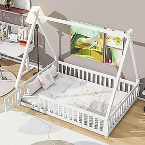Luxo Abode Full Size Montessori Floor Bed with Tent-Shaped and Guardrails Fence, Pine Wood Bed Frame w/Slats & Door, Easy Assembly, for Toddlers, Children's Room, Playroom, White