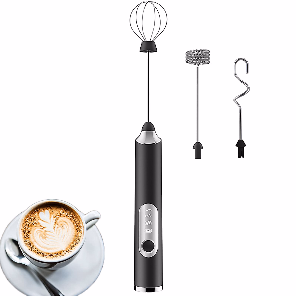 MOSHOU Electric Milk Frother Handheld, 3 Speeds Coffee Whisk Foam Maker with USB C Rechargeable, Whisk Drink Mixer for Lattes Frappe Matcha Hot Chocolate, Egg with 3 Mixer Heads (Black)