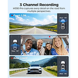 AZDOME M550 Pro 5G WiFi 3 Channel Dash Cam Built-in GPS, 4K+1080P Dual Dash Camera for Cars with 64GB Card, 1440P+1080P+1080P Front and Rear Inside, 3.19" IPS Screen, IR Night Vision, 24H Parking Mode