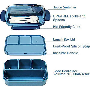 Puraville BPA-FREE Bento Lunch Box for Kids Toddlers Adults,1300ML Microwavable Leak-Proof Bento Box with 4 Compartments for Work,School,Picnic,Blue