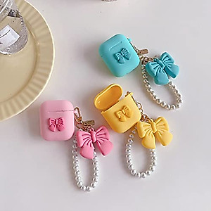 Cute AirPod Case with Bow Keychain Soft Silicone Skin Butterfly Knot Kit Portable Shockproof Protective Cover for Apple AirPods 1 2 1st 2nd Generation Charging Case Fits for Women Girls Kids (Yellow)