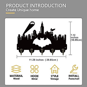 SANDIKSHA Bat City Key Hooks, Super Hero Wall Mounted Storage with 6 Hooks, Movie Theme Key Holder, Black Retro Wooden Wall Decor for Entryway/Bedroom/Living Room/Office/Children's Room