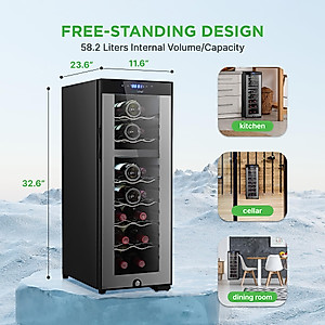 NutriChef PKCWCDS182 18 Bottle Fridge | Dual Zone Chiller | Adjustable Temperature 41°F to 64°F | Ultra Quiet Operation | Wine Cooler for Home, & Office | Free Standing 32x11x26 in (Black)