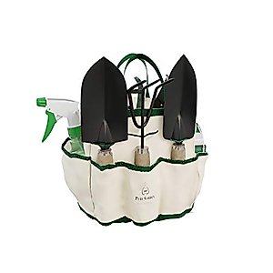 Garden Hand Tool Set with Canvas Tote, Ultimate Gardening Tools Kit, Branch Pruner & Snip, Shovel, Rake, Trowel, Soft Wire Tie and Water Bottle in a Durable Canvas Tote