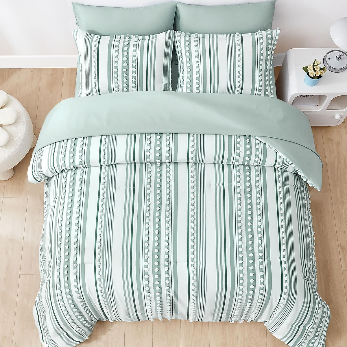 Boho Comforter Set Queen Size Green and White Tufted Ball Striped Design, Shabby Chic Farmhouse Comforter and Sheet Set, 7 Piece Bed in a Bag Pom Pom Complete Bedding Set (90''x90'')