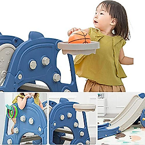 Children's Toys 4 in 1Slide for Kids, Toddler Playground Slipping Slide Climber, Extra Long Slide Slope with Basketball Hoop for Indoor Outdoor Backyard Use (Blue Car) (Blue, One Size)