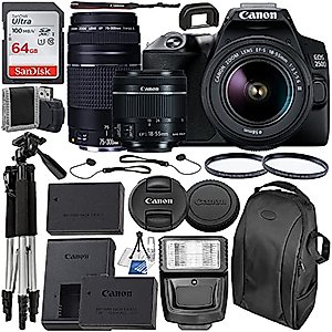 Canon EOS 250D (Rebel SL3) DSLR Camera with 18-55mm & 75-300mm Canon Lenses + 64GB Card, Tripod, Flash, and More (20pc Bundle) Black compact