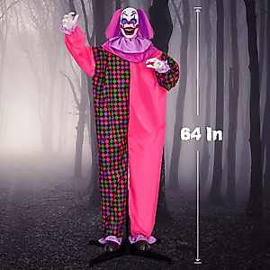 64" Halloween Clown Animatronics with Flashing Red Eyes & Moving Arm, Talking Life-Size Clown Halloween Decorations for Haunted House Outdoor Decorations (Touch and Sound Activated)