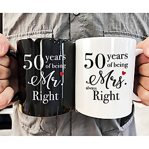 FALJIOK 50 Year Anniversary Coffee Mugs Set of 2, 50 Years of Being Mr Right &amp; Mrs Always Right Mug 11oz, 50th Wedding Anniversary Mug Gifts for Couple Parents Grandparents
