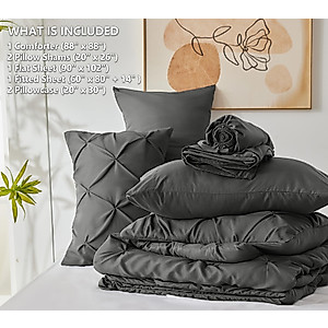 CozyLux Queen Comforter Set - 7 Pieces Comforters Queen Size Dark Grey, Pintuck Bed in A Bag Gray Pinch Pleat Bedding Sets with All Season Comforter, Flat Sheet, Fitted Sheet and Pillowcases & Shams