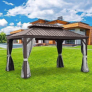 OUTMOTD Double Hardroof Gazebo with Netting and Shaded Curtains, Outdoor Gazebo 2-Tier Hardtop Galvanized Iron Aluminum Frame for Patio, Backyard, Deck and Lawns, Parties (10x14)