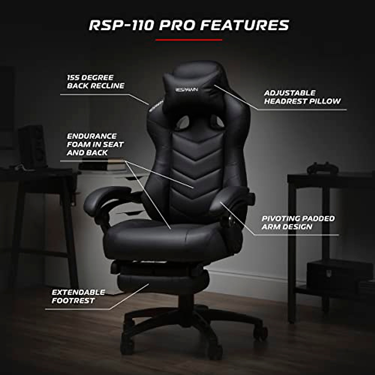 RESPAWN 110 Pro Gaming Chair - Gaming Chair with Footrest, Reclining Gaming Chair, Video Gaming Computer Desk Chair, Adjustable Desk Chair, Gaming Chairs For Adults With Headrest Pillow - Black