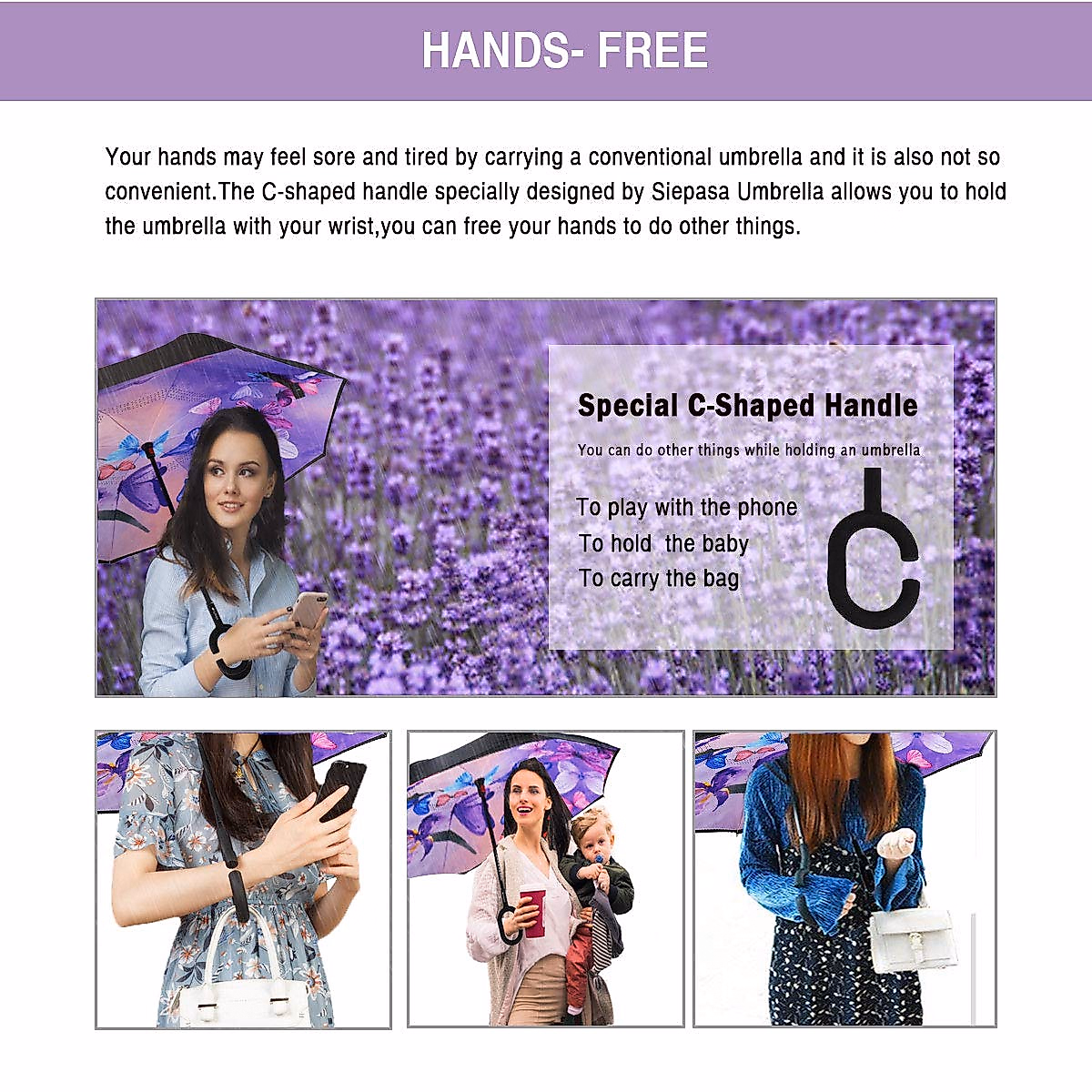 SIEPASA 49/56 Inch Inverted Reverse Upside Down Umbrella, Extra Large Double Canopy Vented Windproof Waterproof Stick Golf Umbrellas with C-shape Handle..(Blue Butterfly, 49 Inch)