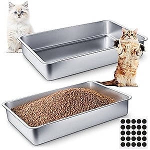 2 Pcs Stainless Steel Litter Box Rust Proof Metal Cat Box Stainless Cat Litter Box Odor Control Small Litter Box and Non Slip Rubber Feet for Cats Kitten Non Stick Smooth Surface (24 x 16 x 4 inch)