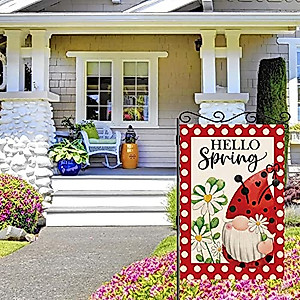 ORTIGIA Hello Spring Gnome Garden Flag Ladybug Gnome Burlap Double Sided Vertical 12x18 Inch Spring Daisy Floral Yard Decor Spring Porch Flag Farmhouse Seasonal Outdoor Flag
