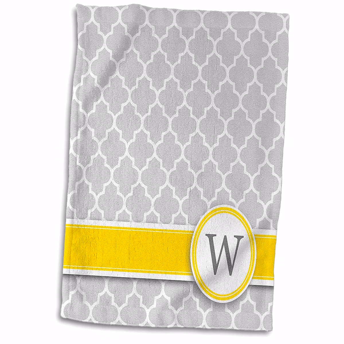 3D Rose Name Initial Letter W-Monogrammed Grey Quatrefoil Pattern-Personalized Yellow Gray Towel, 15" x 22", Multicolor