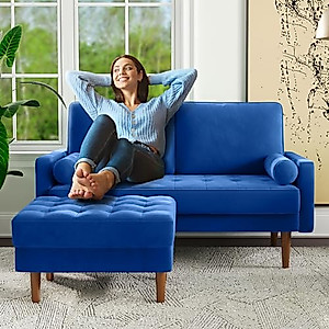Vesgantti 58 inch Loveseat Sofa, 2 Seater Sofa for Small Space, Button Tufted Blue Velvet Couch with 2 Pillows, Mid Century Modern Couch w/Armrest, Small Couches for Living Room, Bedroom, Apartment