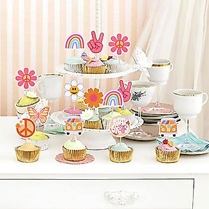 36 PCS Hippie Party Cupcake Toppers Peace Sign Hand Butterfly Two Groovy Cupcake Picks Dasiy Flower Bus 60s Retro Boho Cake Decorations for Hippie Two Groovy Carnival Theme 2nd Birthday Party Supplies