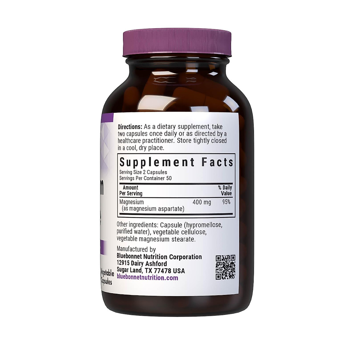 Bluebonnet Nutrition Magnesium 400 mg Chelated Magnesium Aspartate Daily Mineral, Heart & Bone Support* Supplement for Men & Women Vegan, Non-GMO - 100 Vegetable Capsules