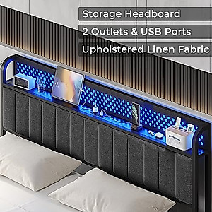 ADORNEVE King Size Bed Frame with LED Lights Headboard, Upholstered Platform Bed with Charging Station, LED Bed Frame with Storage Headboard, Upgraded 2-Row Mid-Beams, Noise-Free, Dark Grey