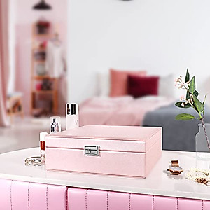 Allinside Jewelry Box Organizer for Ladies Girls, Double Layers PU Leather Jewelry Storage Case with Lock, Velvet Lining, Pearl Pink