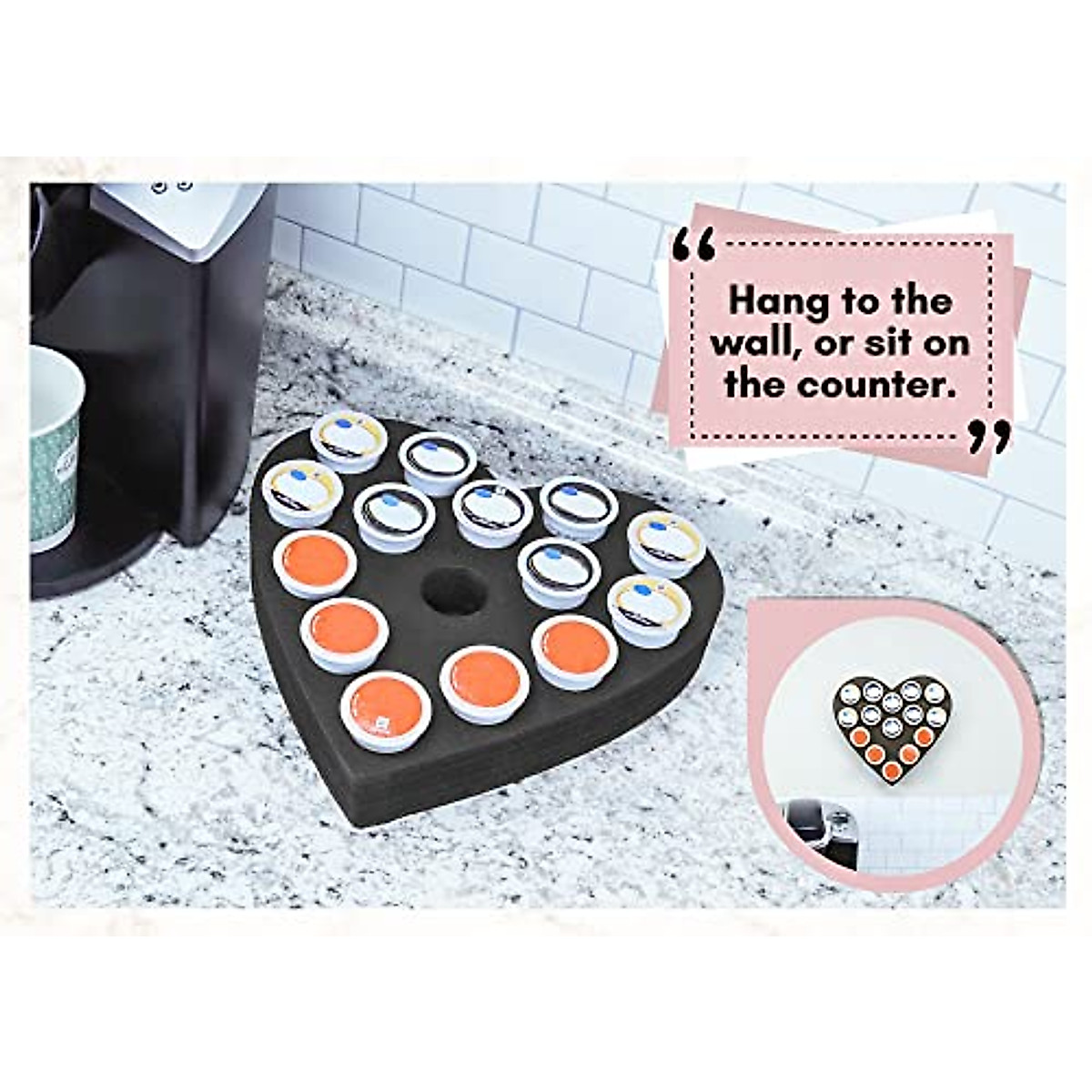Polar Whale Coffee Pod Wall Mount Hanging Organizer Heart Storage Tray Compatible with Keurig K-Cup for Kitchen Home Office Display Stand Waterproof Washable Black Foam 15 Compartment