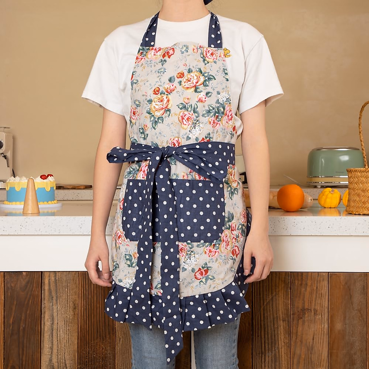 NEOVIVA Kitchen Aprons with Pockets for Mother and Daughter, Double-layered Bib Aprons for Cooking, Baking, BBQ and Gardening, Style Kathy, Floral Quarry Bloom