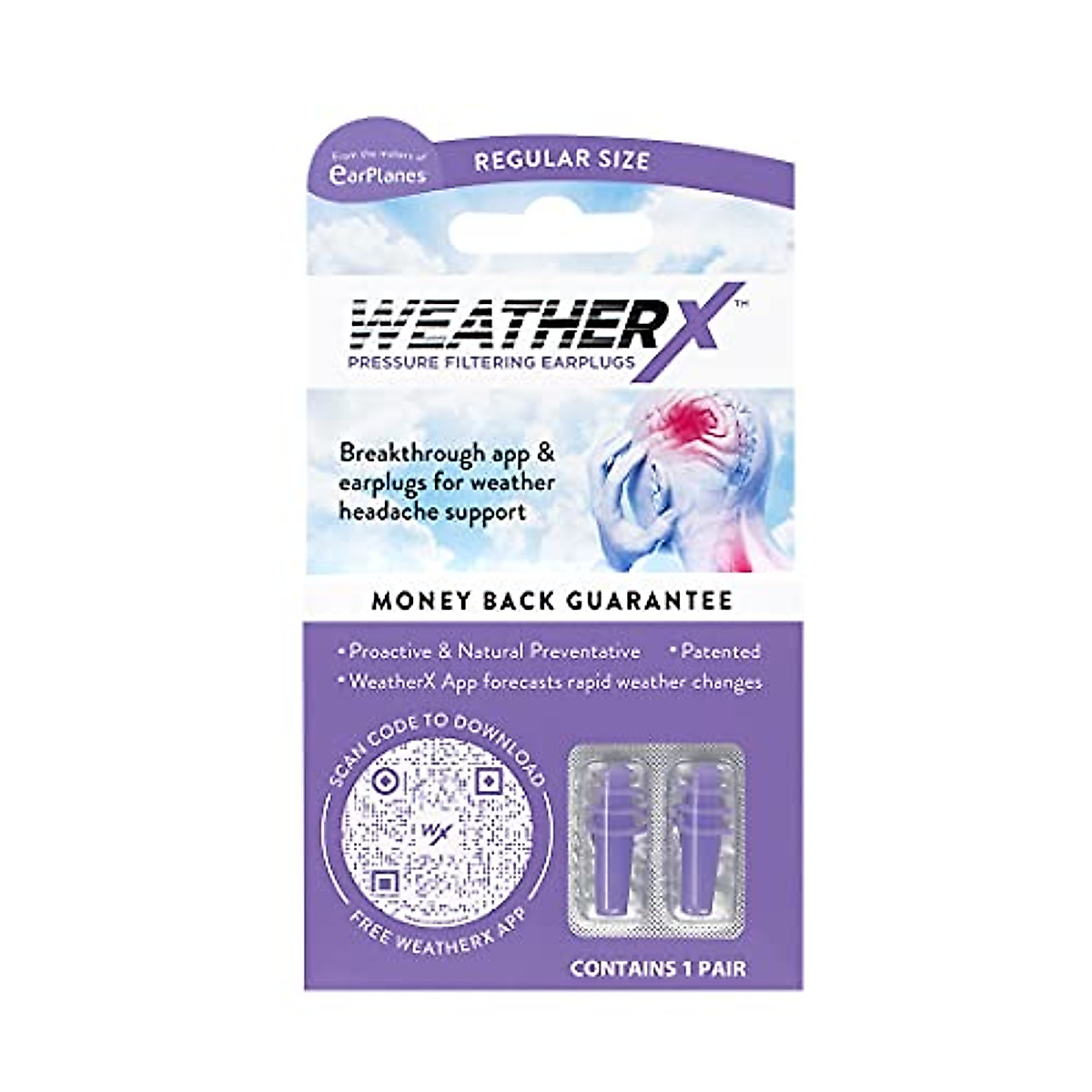 WeatherX Headache Prevention– Pressure Filtering Earplug for Shifts in Barometric Weather Pressure, Download Free Alert app (Regular 1 PK)