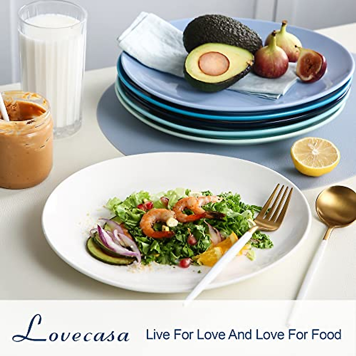 LOVECASA Dinner Plates Set of 6, 11 inch Ceramic Plates,Egg-shaped Oval Plate Dishes Set, Porcelain Salad Serving Blue and White Dishes for Kitchen, Microwave, Oven, and Dishwasher Safe