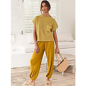 ANRABESS Women's Two Piece Outfits Knit Sweater Vest Crop Top Pants Lounge Matching Tracksuit Sweatsuit Travel Clothes Sets Yellow Large
