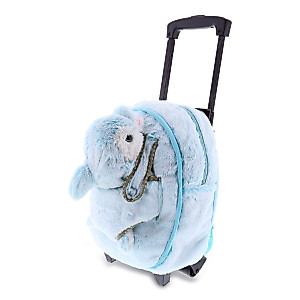 DolliBu Dolphin Plush Trolley and Purse Set - 3-in-1 Kids Trolley, Backpack, Blue Dolphin Purse, Soft Plush Backpack on Wheels, School Rolling Bag with Removable Plush Toy- 15"
