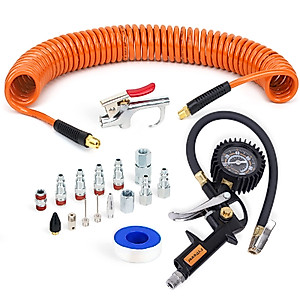 FYPower 18 Pieces Air Compressor Accessories kit, 1/4 inch x 25 ft Recoil Poly Air Compressor Hose Kit, 1/4" NPT Quick Connect Air Fittings, 100 PSI Tire Inflator Gauge, Heavy Duty Blow Gun
