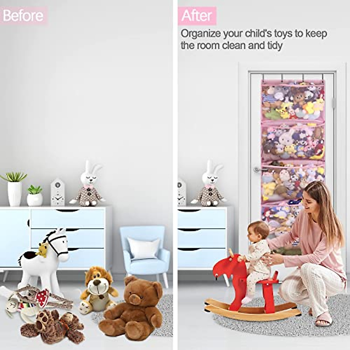 Stuffed Animal Storage, Over The Door Organizer Storage for Closet, Baby, Plush Toy, Stuffed Animal Holder with 4 Large Pockets, Hanging Door Organizer for Nursery, Bedroom, Bathroom, Kids Room (Pink)