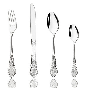 JASHII Silverware Set 4 Piece Family Dinnerware Set Flatware Set for 1 Silver Tableware Set Great for Family Gatherings & Daily Use-Spoons, Knives, Teaspoons, Forks (Silver）