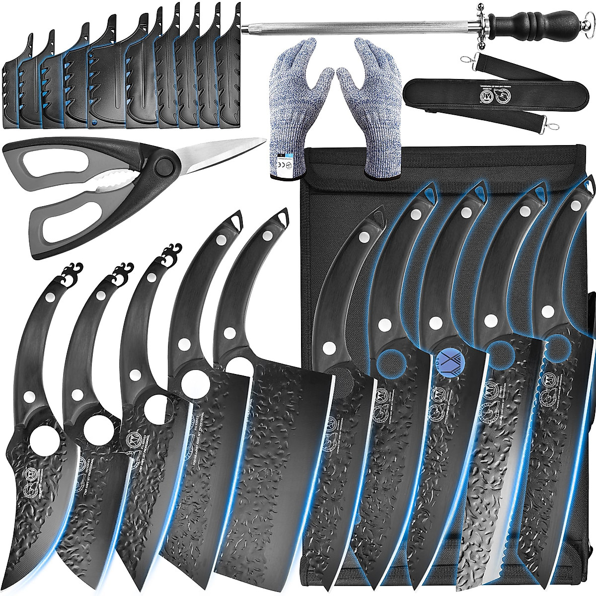 XYJ Professional Kitchen Knife Set with High-Carbon Steel Forged Blades, Chef's Knife, Cleaver, Carving Knife, Nakiri, Full Tang Design, Includes Carrying Bag & Poultry Scissors