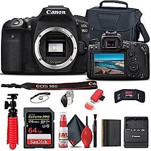 Canon EOS 90D DSLR Camera (Body Only) (3616C002) + 64GB Memory Card + Case + Card Reader + Flex Tripod + Hand Strap + Cap Keeper + Memory Wallet + Cleaning Kit (Renewed)