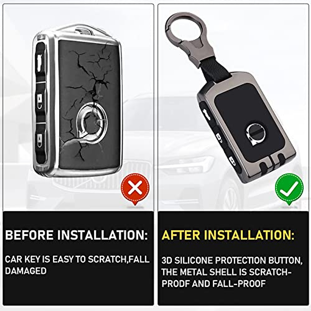 Sucxyor Compatible with Volvo Key Fob Cover Key Fob Case with Keychain for 2017-2023 XC90 XC60 XC40 S90 V90 S60 V60,Metal Shell & Soft Silicone Protection 4 Buttons Smart Key(Gray)