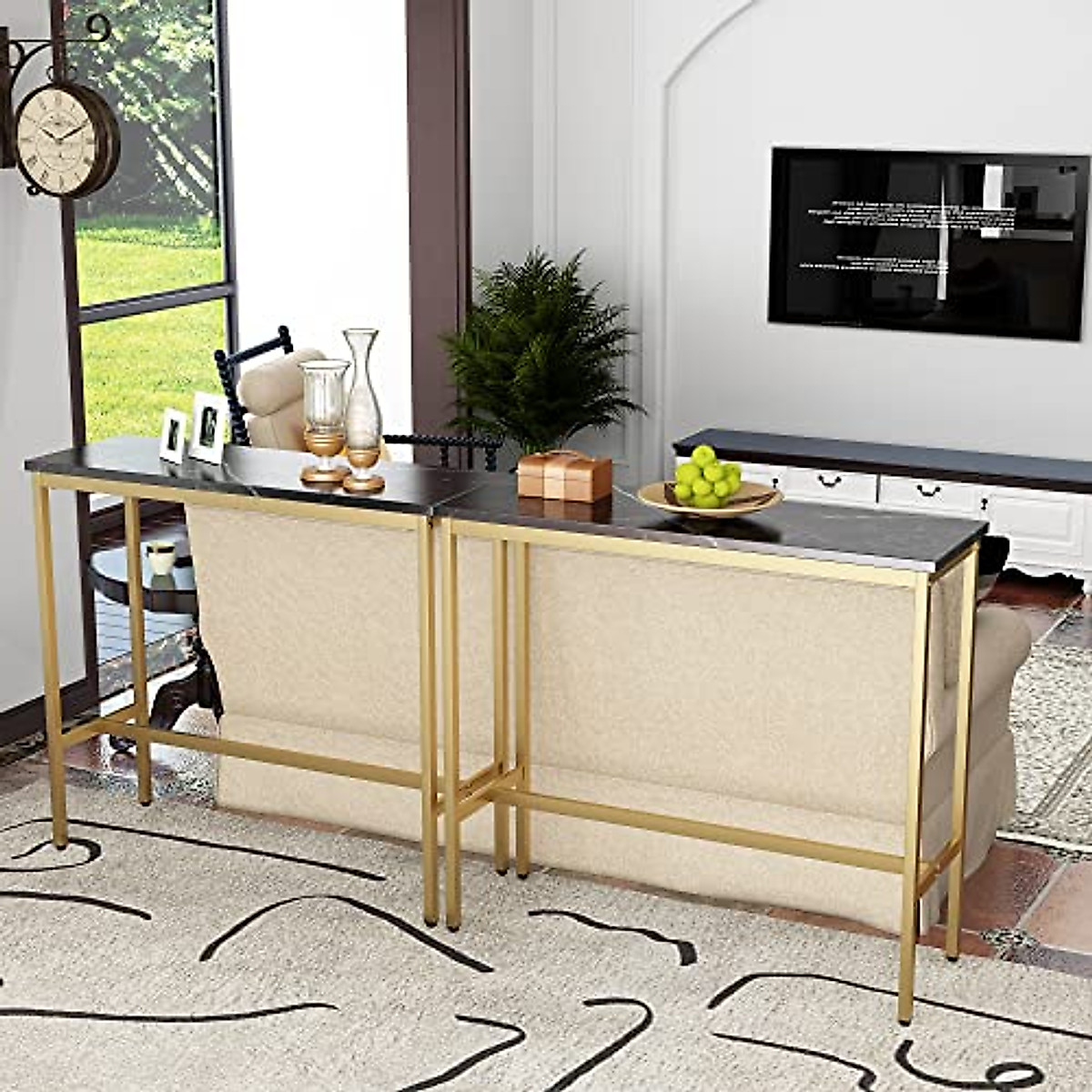 Aklaus 40" Bar Table,Rectangular Industrial Bar Height Table with Sturdy Gold Metal Frame Black Faux Marble Top,Pub Table High Top Dining Table Console Table for Dining Room Living Room Entryway
