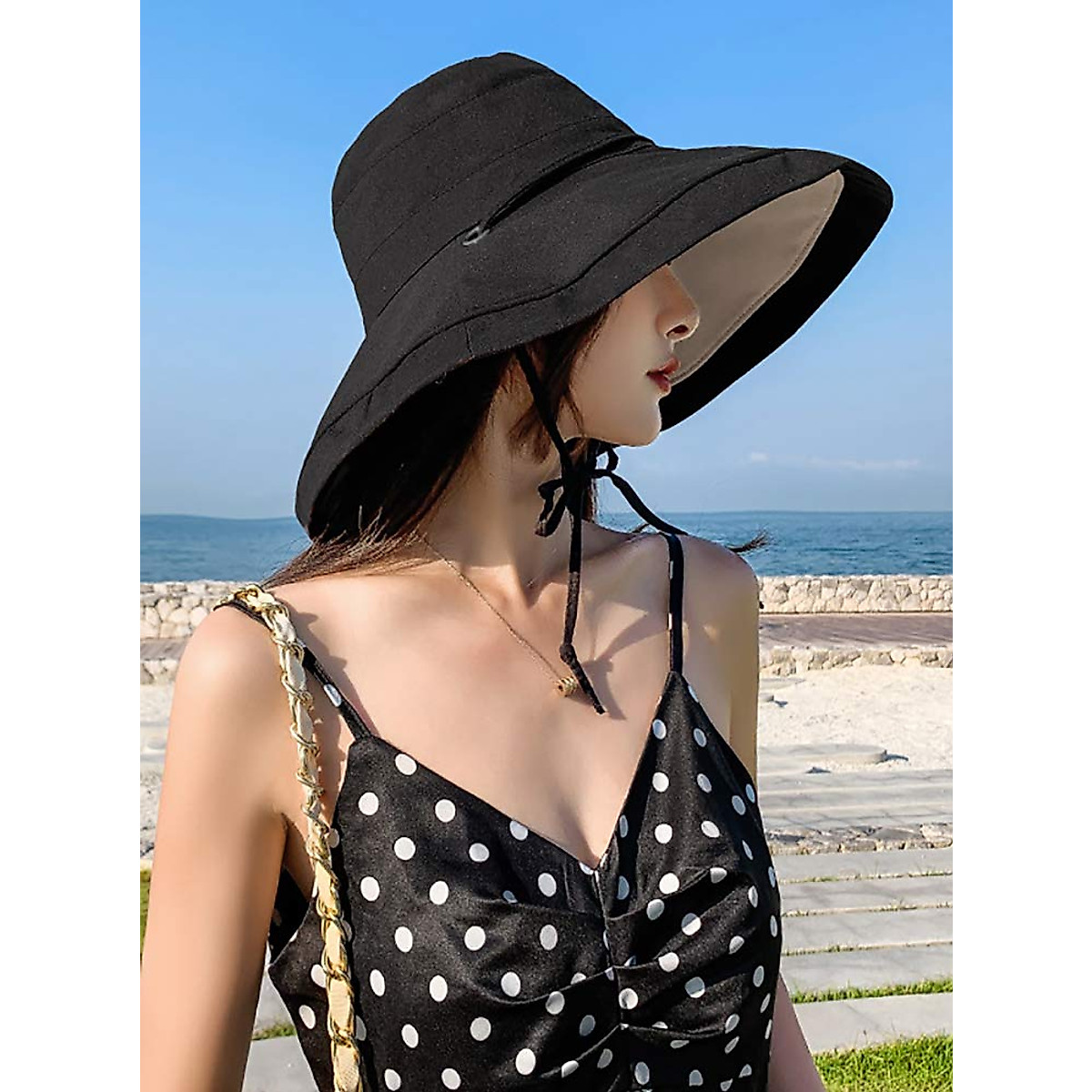 Women's Sun Hat Packable Reversible Bucket Hat UV Sun Protection Wide Brim Summer Beach Cap (Black)